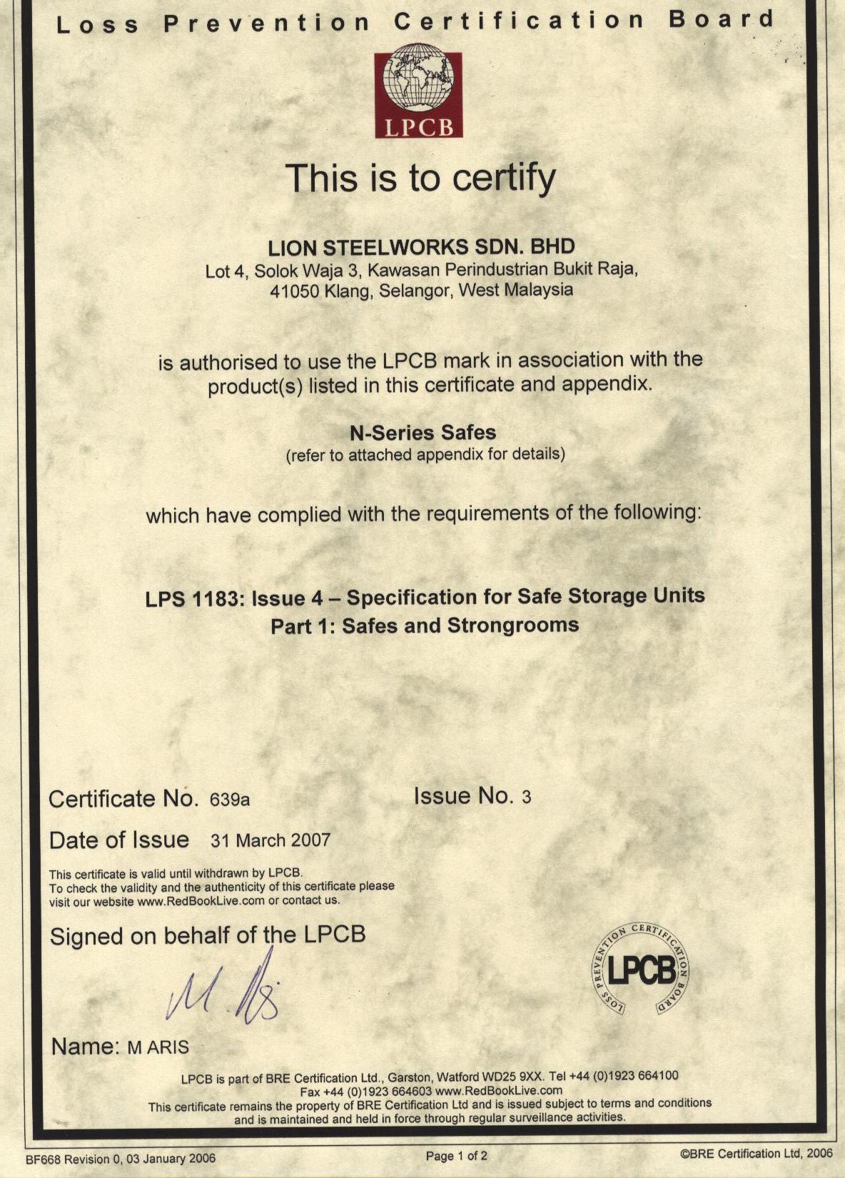 Certificates – Lion Steelworks
